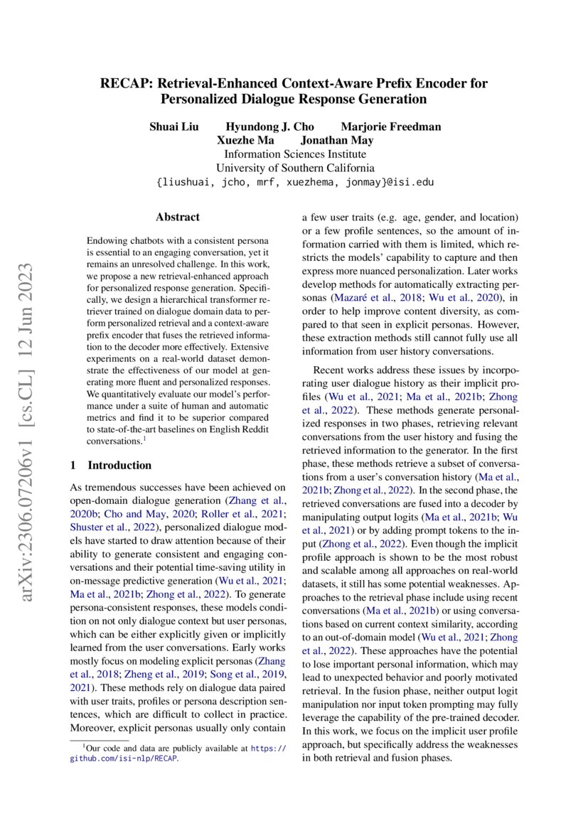 RECAP: Retrieval-Enhanced Context-Aware Prefix Encoder for Personalized Dialogue Response ...