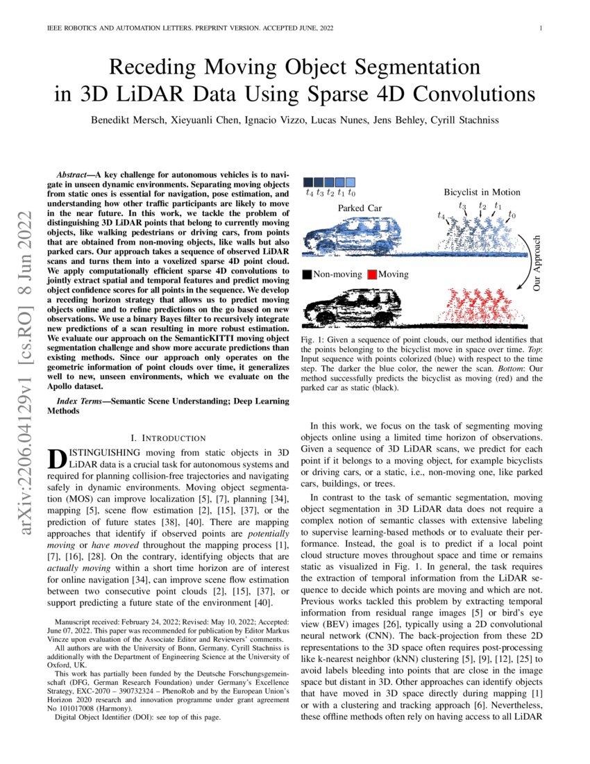 Receding Moving Object Segmentation In 3d Lidar Data Using Sparse 4d Convolutions Deepai