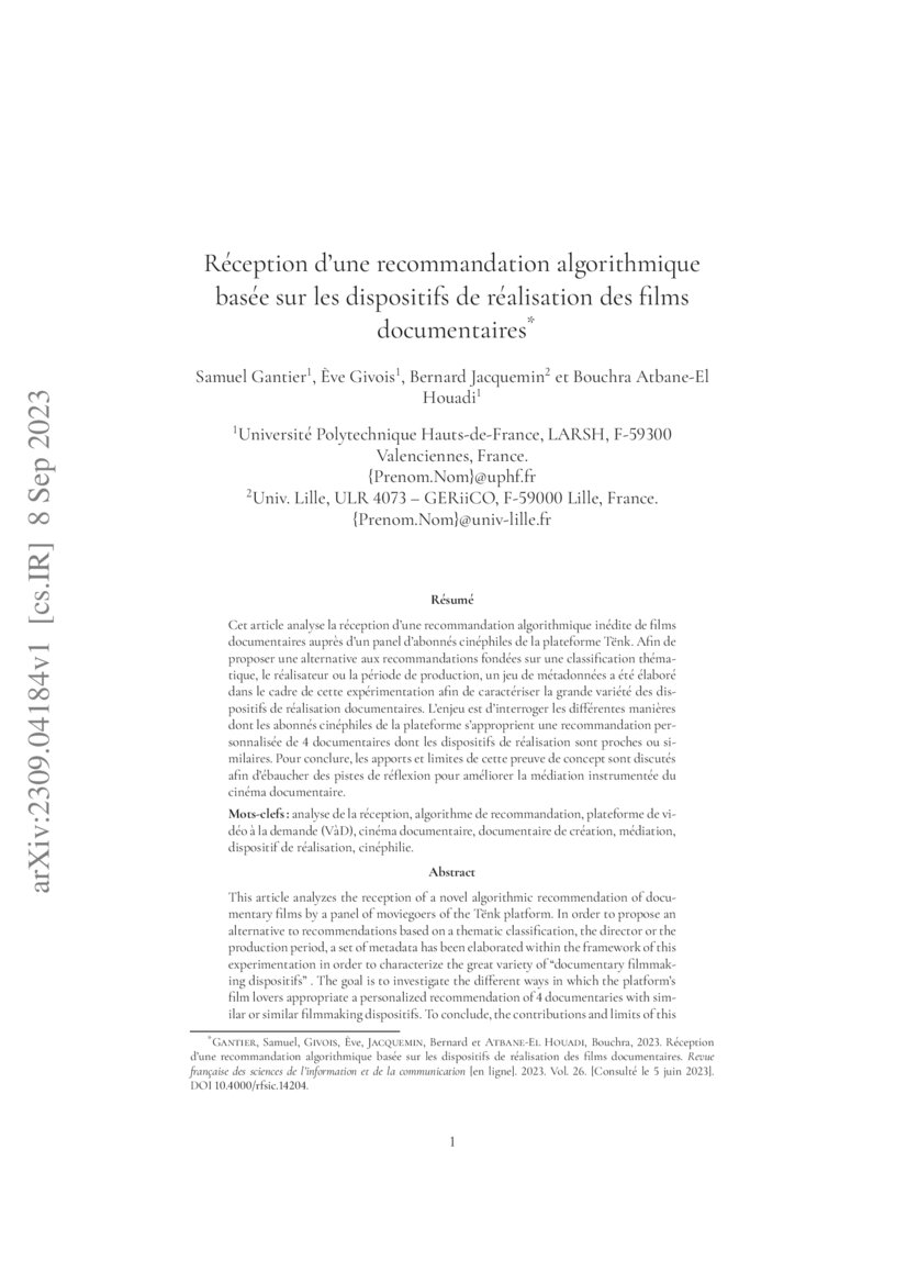 Receiving an algorithmic recommendation based on documentary filmmaking ...