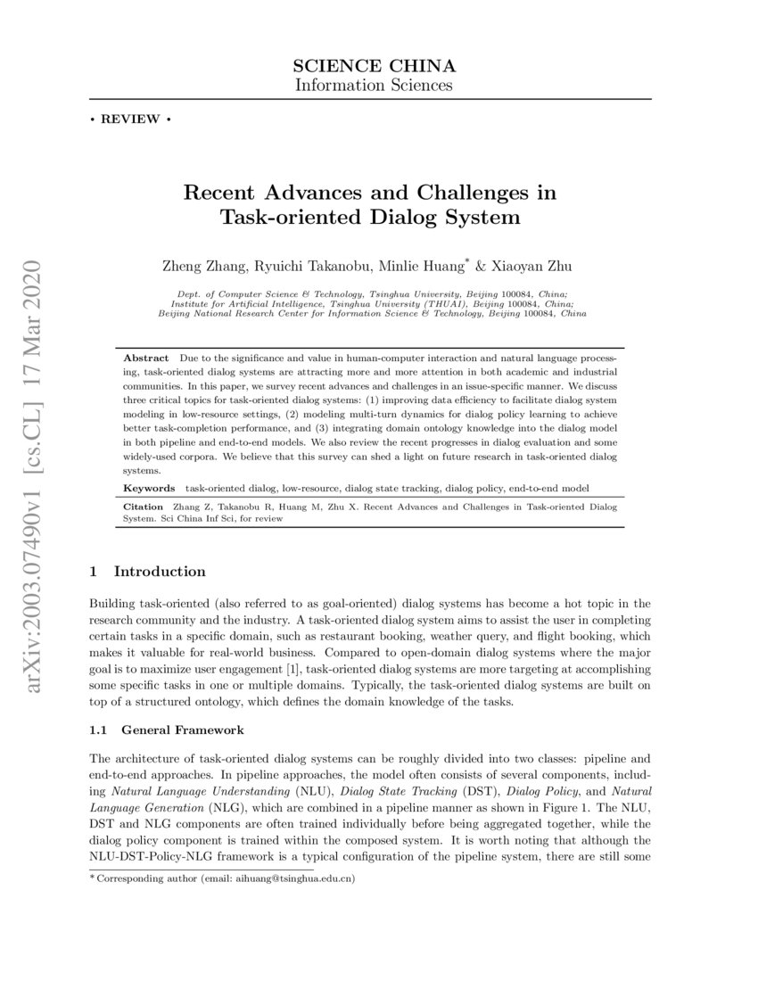 Recent Advances and Challenges in Task-oriented Dialog System | DeepAI