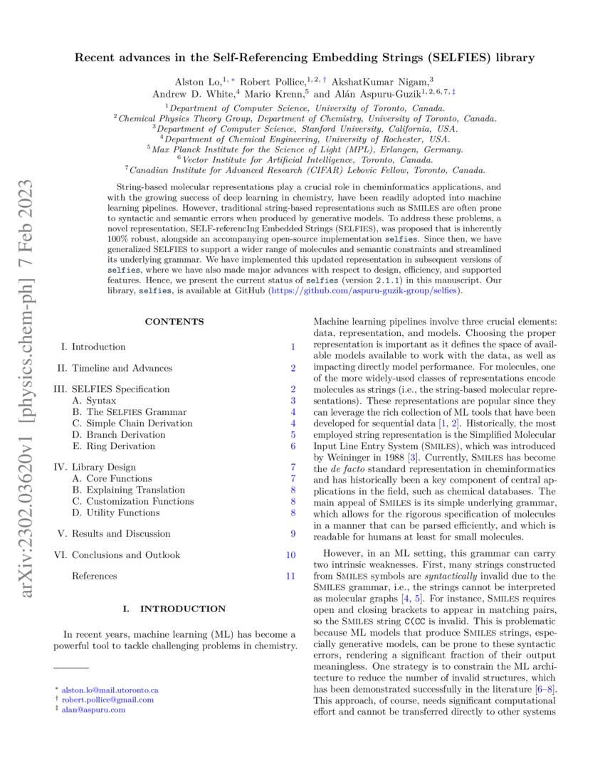 Recent advances in the Self-Referencing Embedding Strings (SELFIES ...