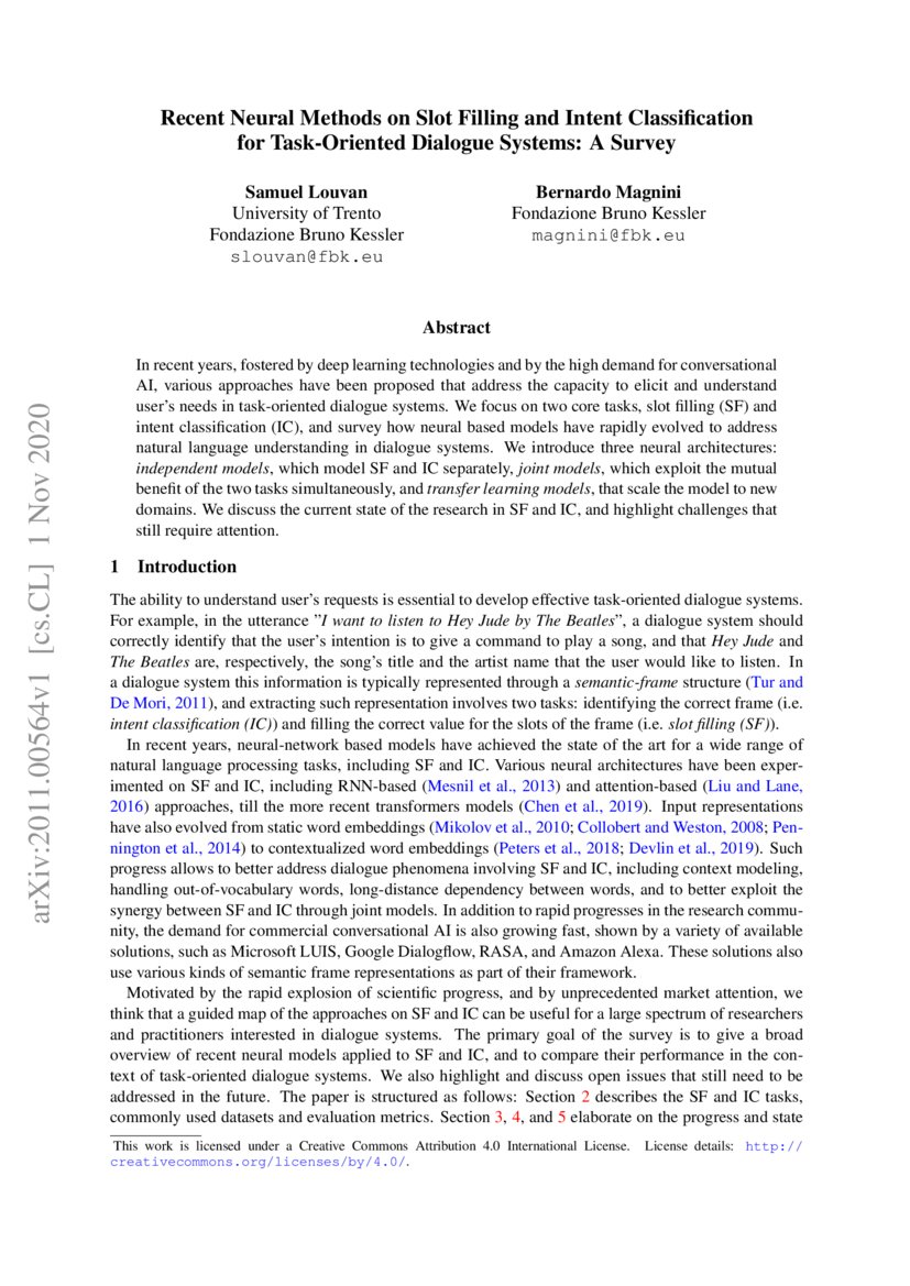 Recent Neural Methods on Slot Filling and Intent Classification for Task-Oriented Dialogue ...