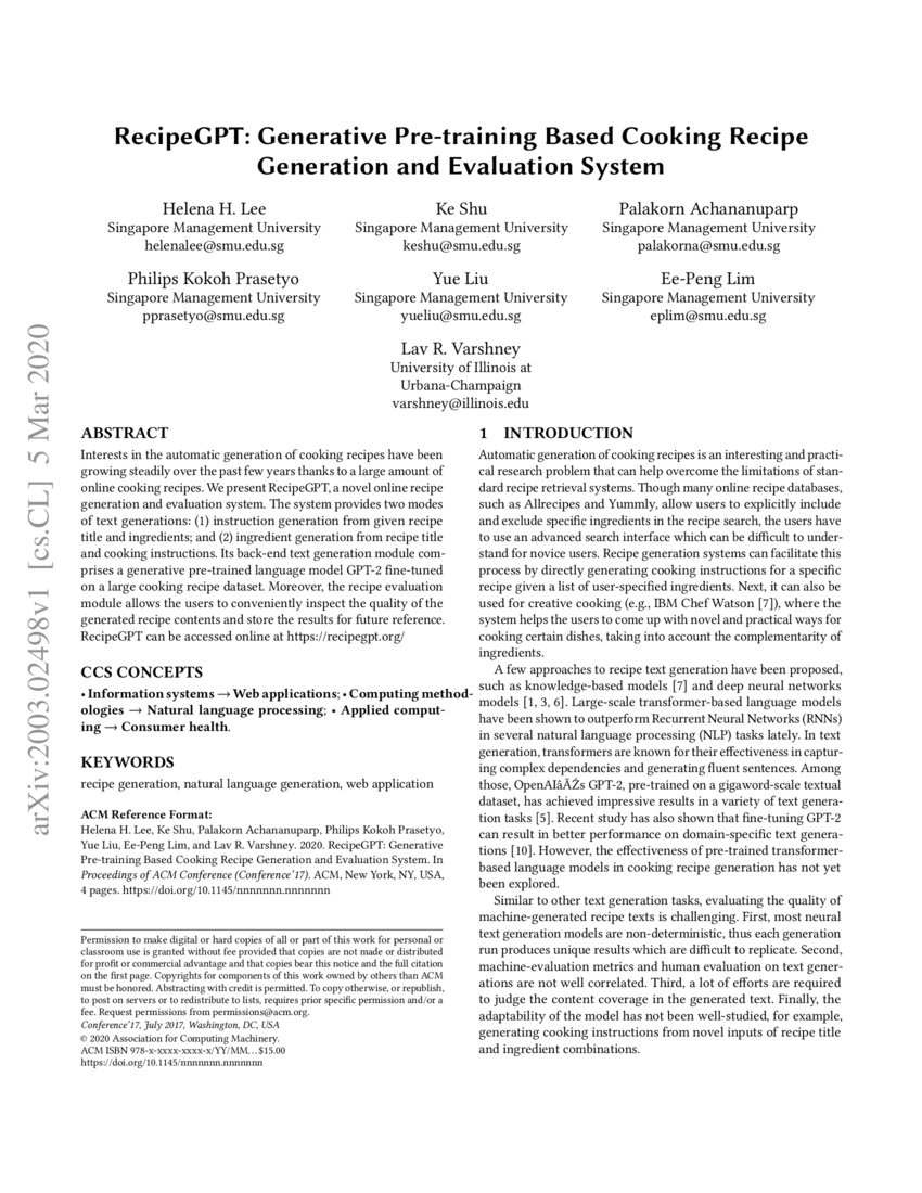 RecipeGPT: Generative Pre-training Based Cooking Recipe Generation and ...
