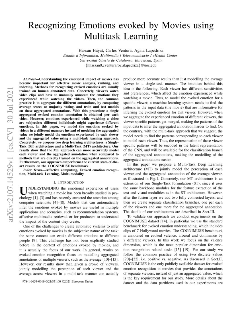 Recognizing Emotions evoked by Movies using Multitask Learning | DeepAI