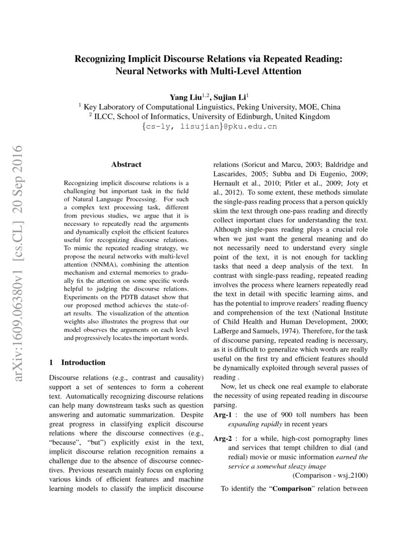 Recognizing Implicit Discourse Relations Via Repeated Reading Neural Networks With Multi Level