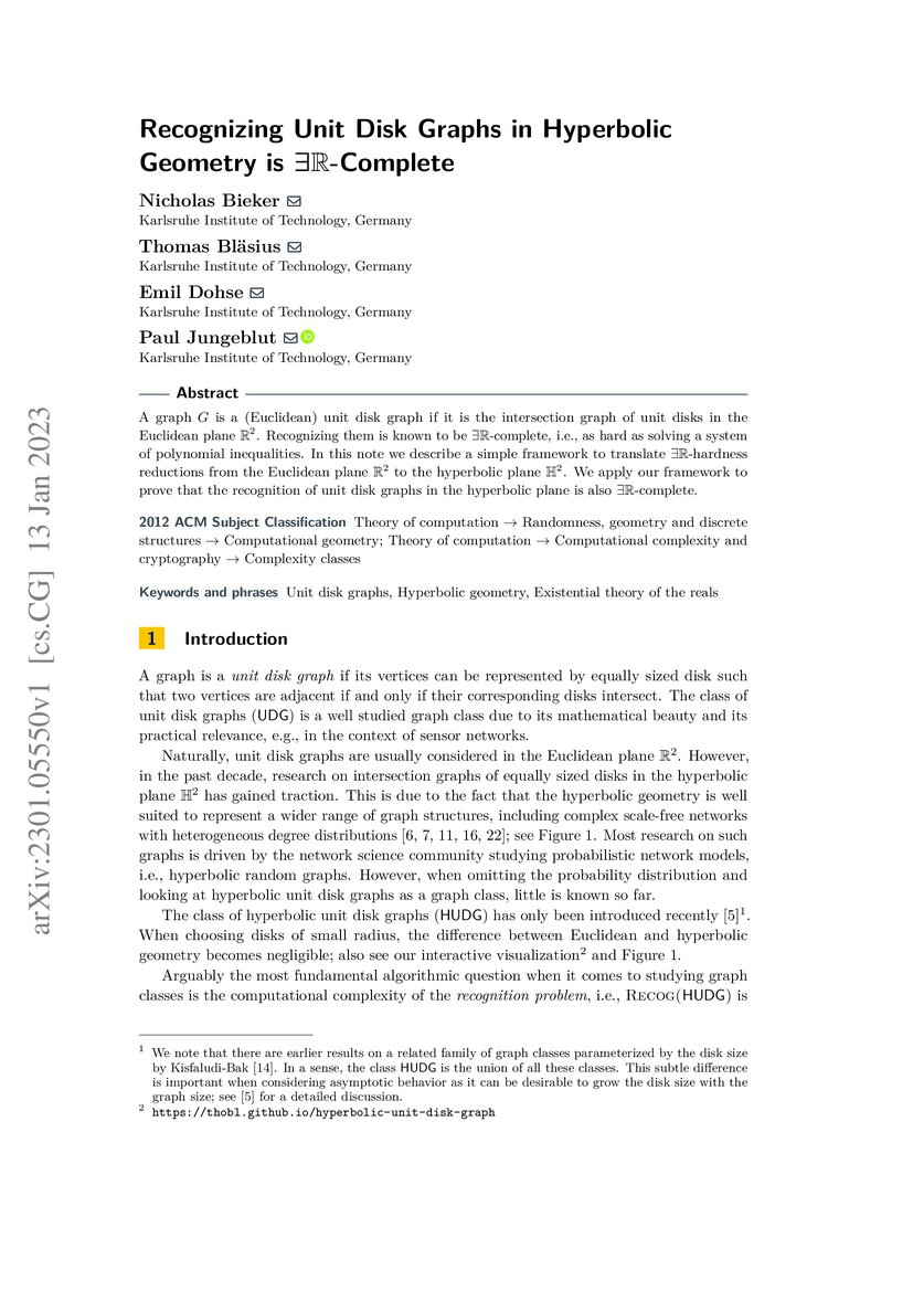 Recognizing Unit Disk Graphs In Hyperbolic Geometry Is ∃ℝ Complete Deepai