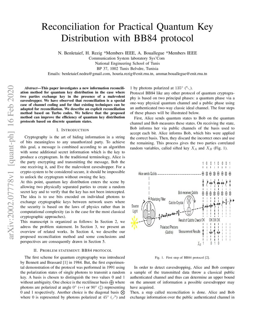 Reconciliation for Practical Quantum Key Distribution with BB84 protocol | DeepAI