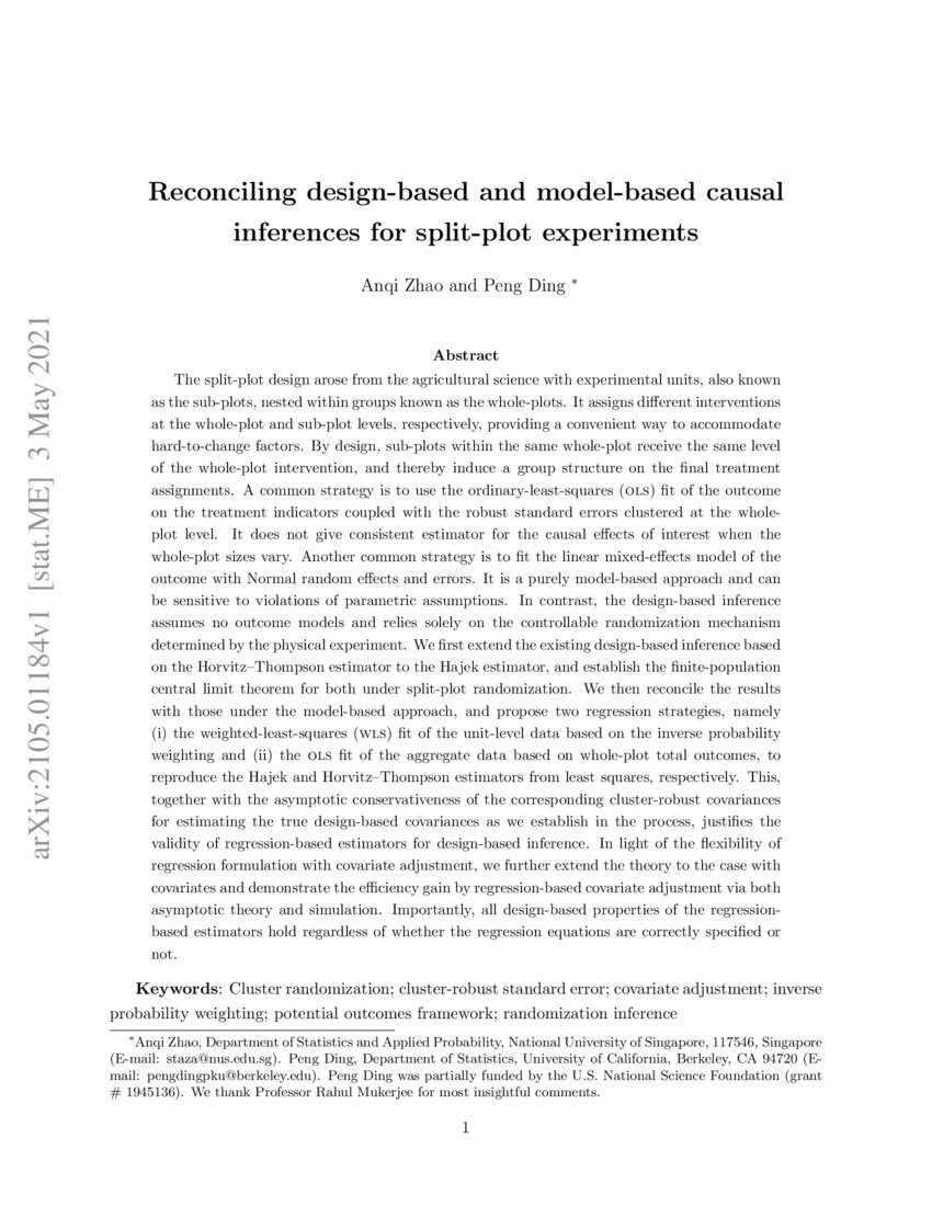 Reconciling Design Based And Model Based Causal Inferences For Split