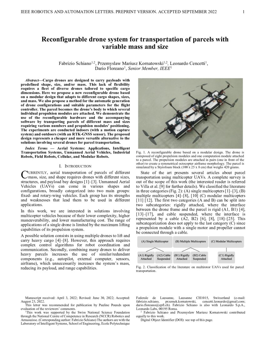 Reconfigurable Drone System for Transportation of Parcels With Variable ...