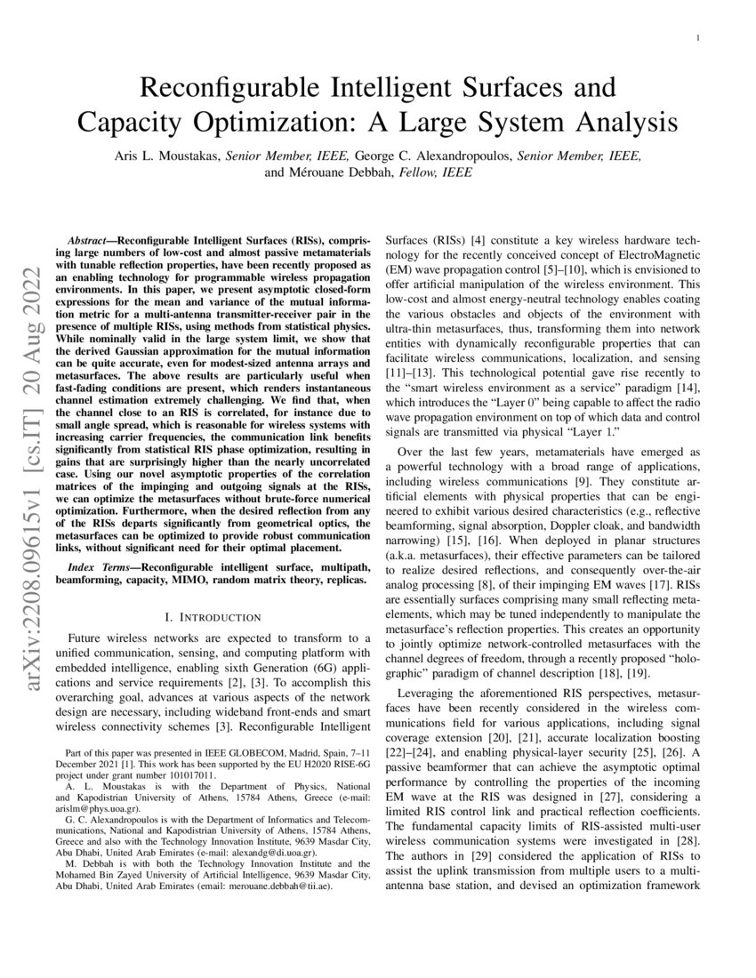 Reconfigurable Intelligent Surfaces And Capacity Optimization A Large