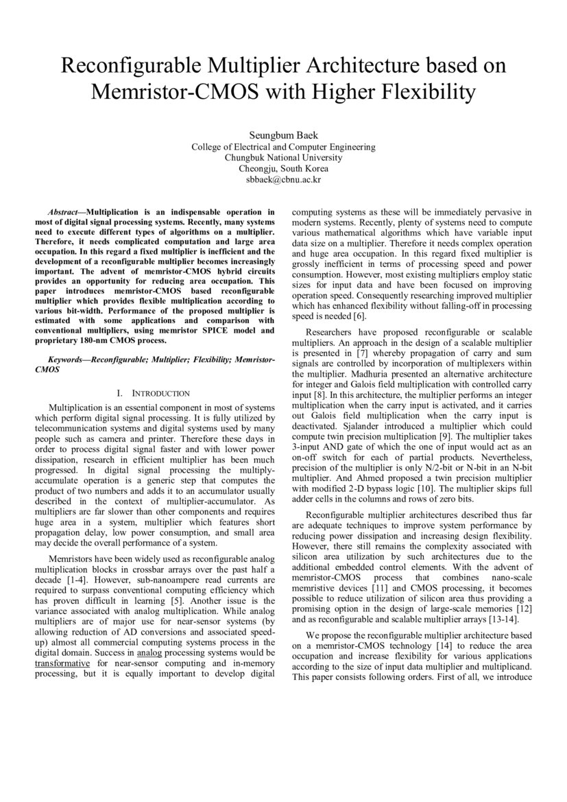 Reconfigurable Multiplier Architecture Based On Memristor Cmos With Higher Flexibility Deepai