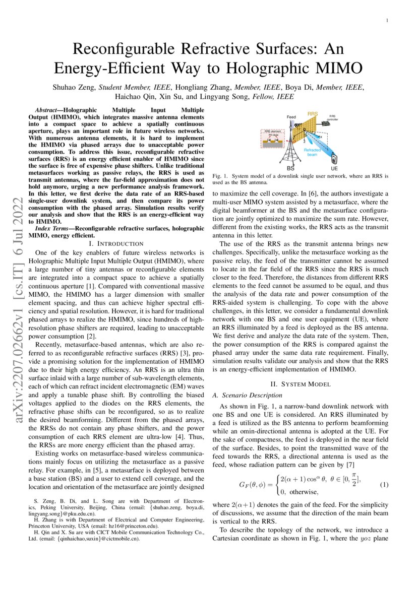 Reconfigurable Refractive Surfaces: An Energy-Efficient Way to Holographic MIMO | DeepAI