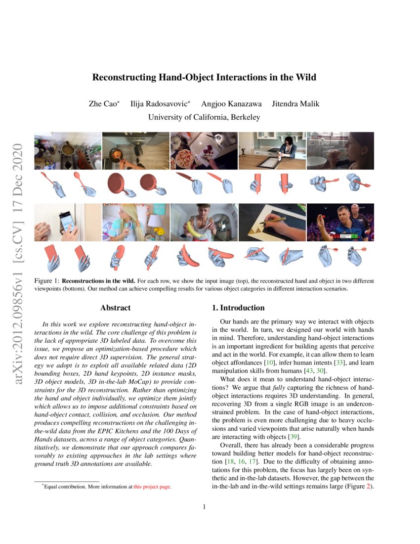 Reconstructing Hand Object Interactions In The Wild Deepai