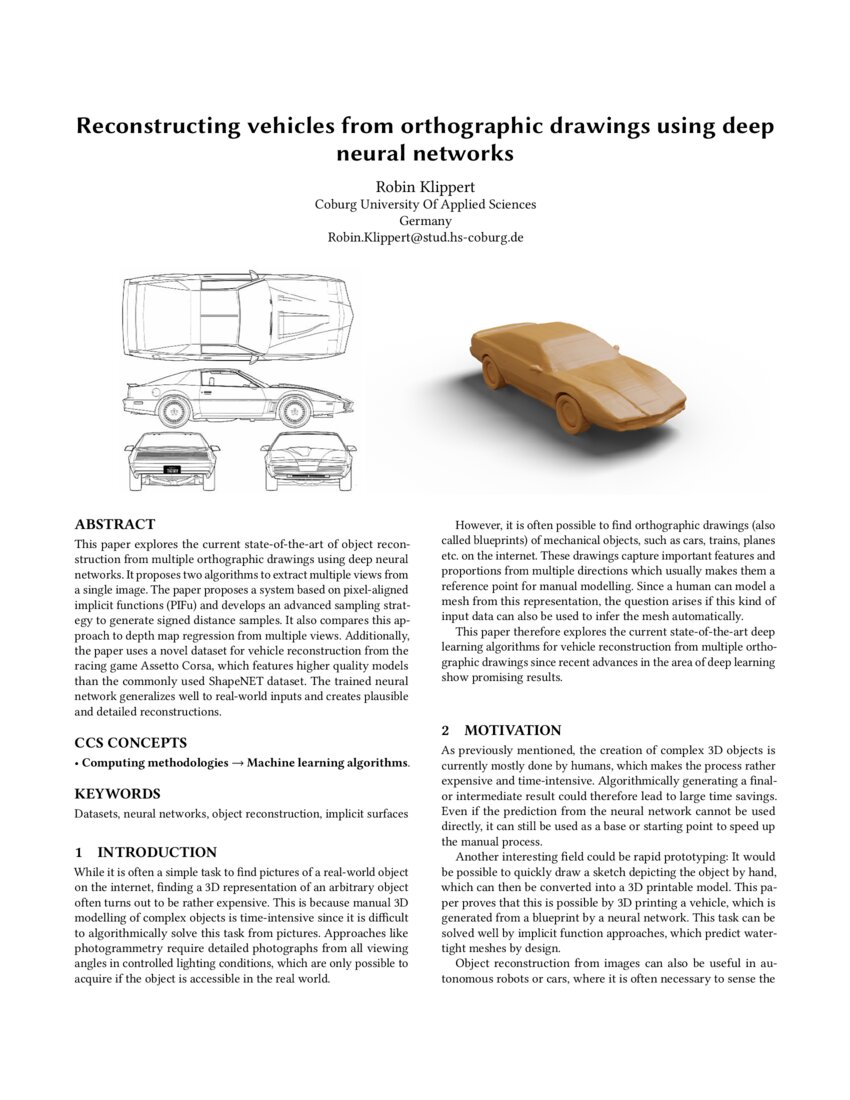 Reconstructing vehicles from orthographic drawings using deep neural ...