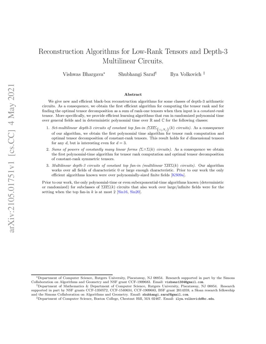 Reconstruction Algorithms For Low Rank Tensors And Depth 3 Multilinear Circuits Deepai
