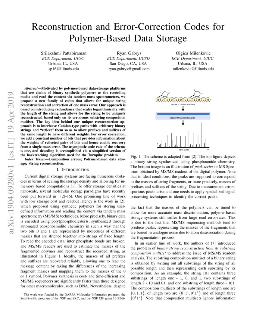 Reconstruction and Error-Correction Codes for Polymer-Based Data ...