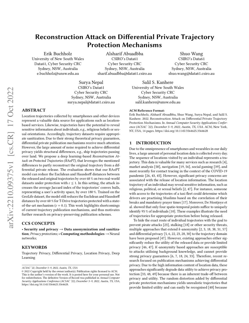 Reconstruction Attack on Differential Private Trajectory Protection ...