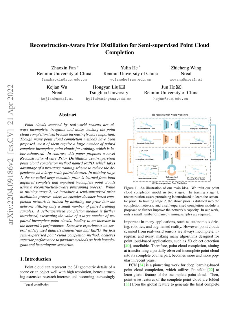 Reconstruction-Aware Prior Distillation for Semi-supervised Point Cloud Completion | DeepAI
