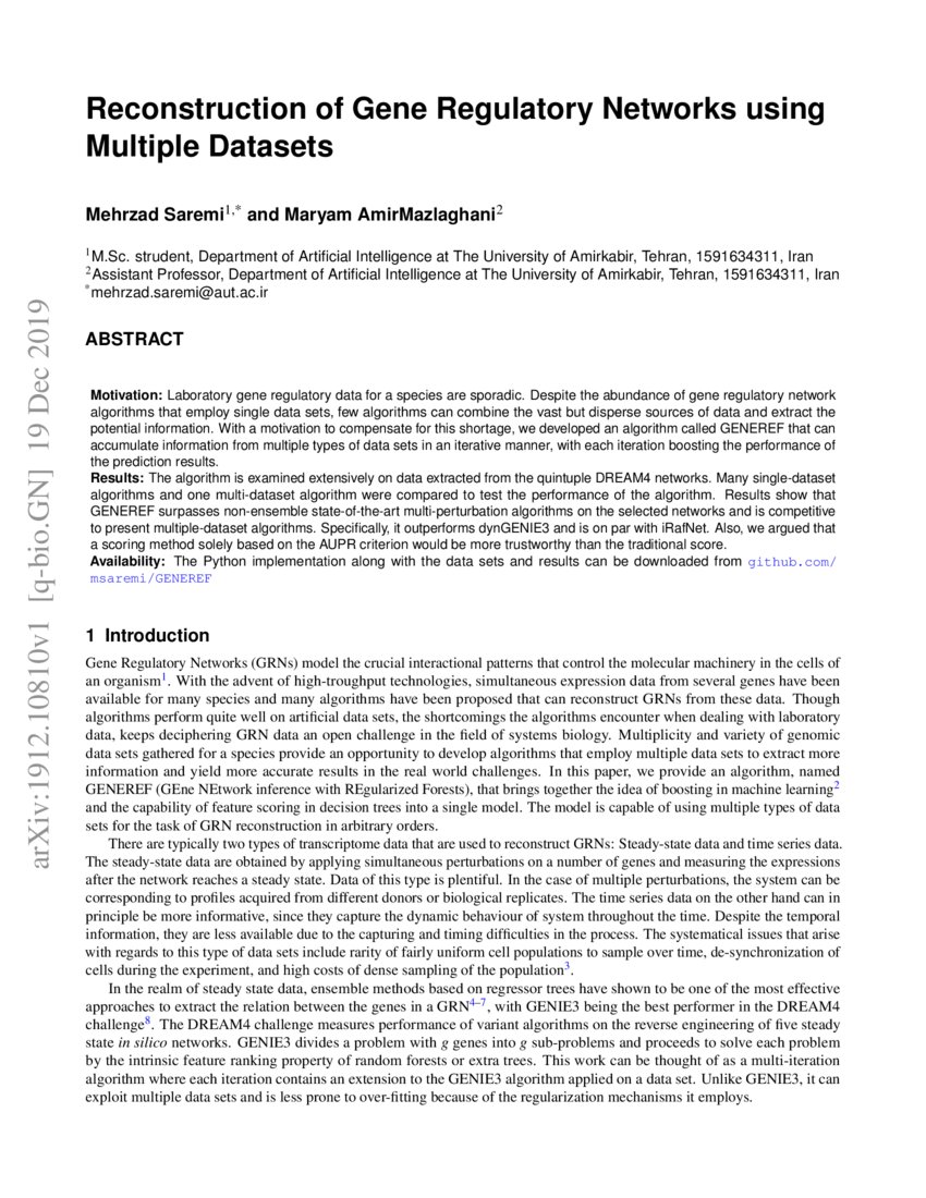 Reconstruction of Gene Regulatory Networks usingMultiple Datasets | DeepAI