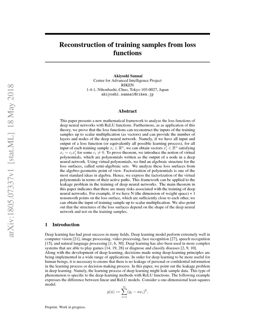 Reconstruction of training samples from loss functions | DeepAI