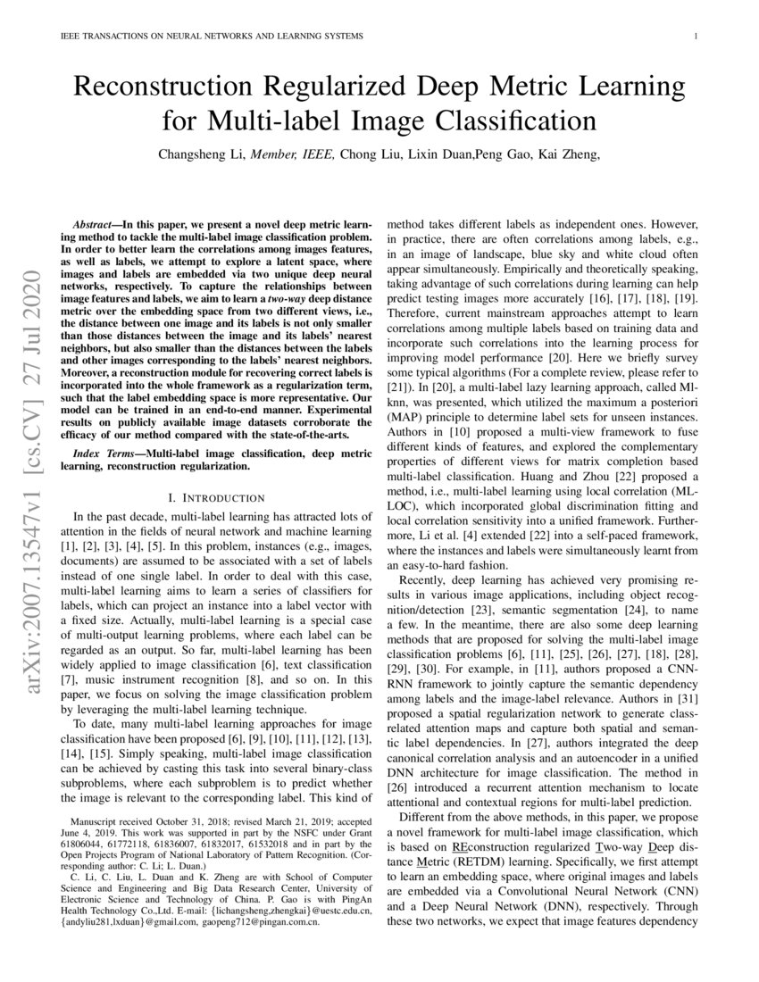 Reconstruction Regularized Deep Metric Learning for Multi-label Image Classification | DeepAI