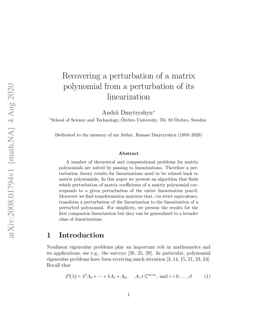 Recovering A Perturbation Of A Matrix Polynomial From A Perturbation Of Its Linearization Deepai