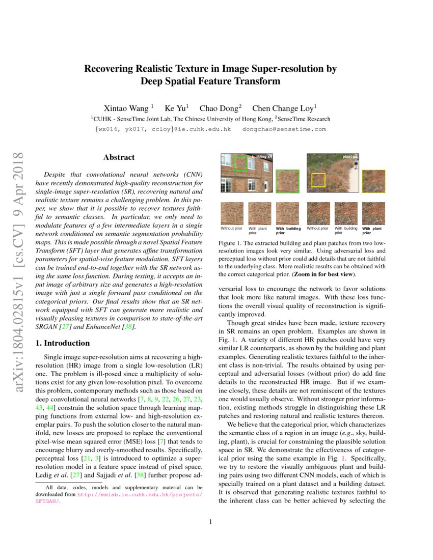 Recovering Realistic Texture in Image Super-resolution by Deep Spatial Feature Transform | DeepAI