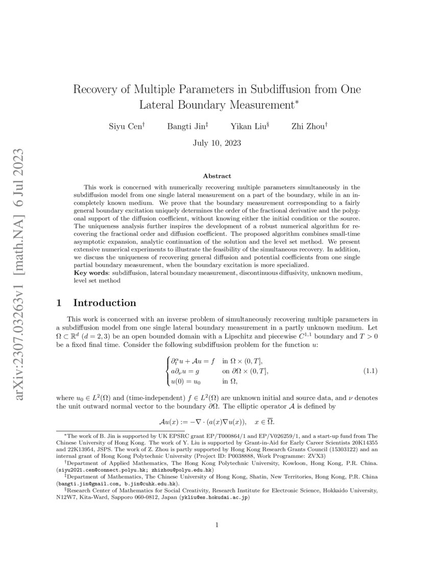Recovery of Multiple Parameters in Subdiffusion from One Lateral ... Recovery of Multiple Parameters in Subdiffusion from One Lateral ...