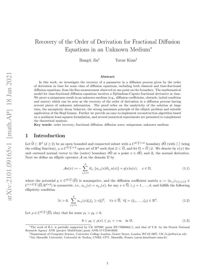 Recovery of the Order of Derivation for Fractional Diffusion Equations in an Unknown Medium | DeepAI