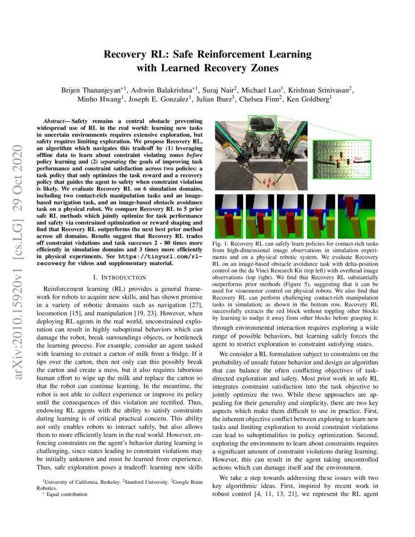Recovery RL: Safe Reinforcement Learning with Learned Recovery Zones | DeepAI