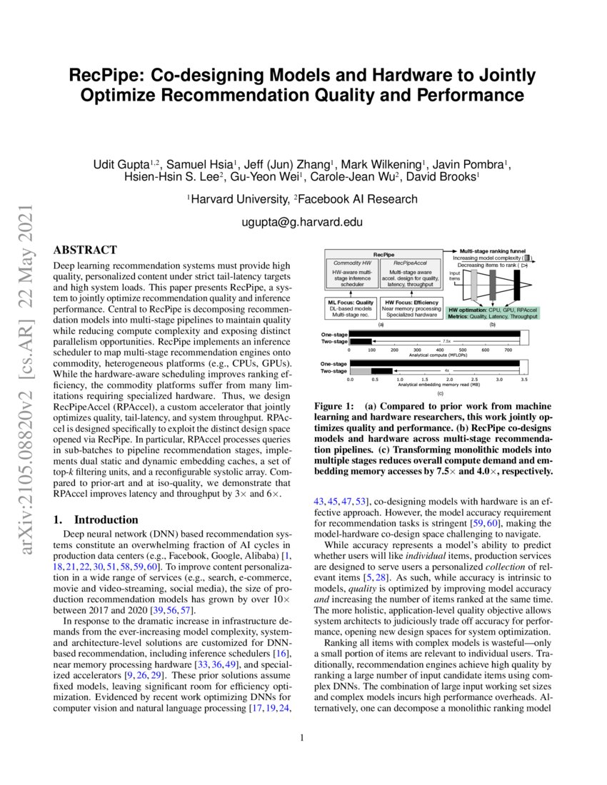 RecPipe: Co-designing Models and Hardware to Jointly Optimize ...