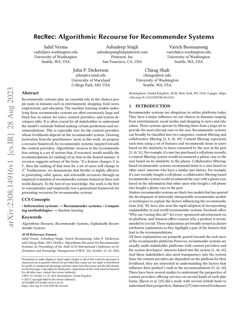 Recrec Algorithmic Recourse For Recommender Systems Deepai