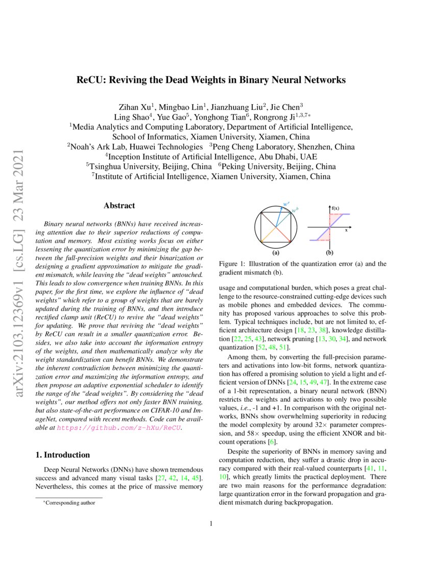 ReCU: Reviving the Dead Weights in Binary Neural Networks | DeepAI