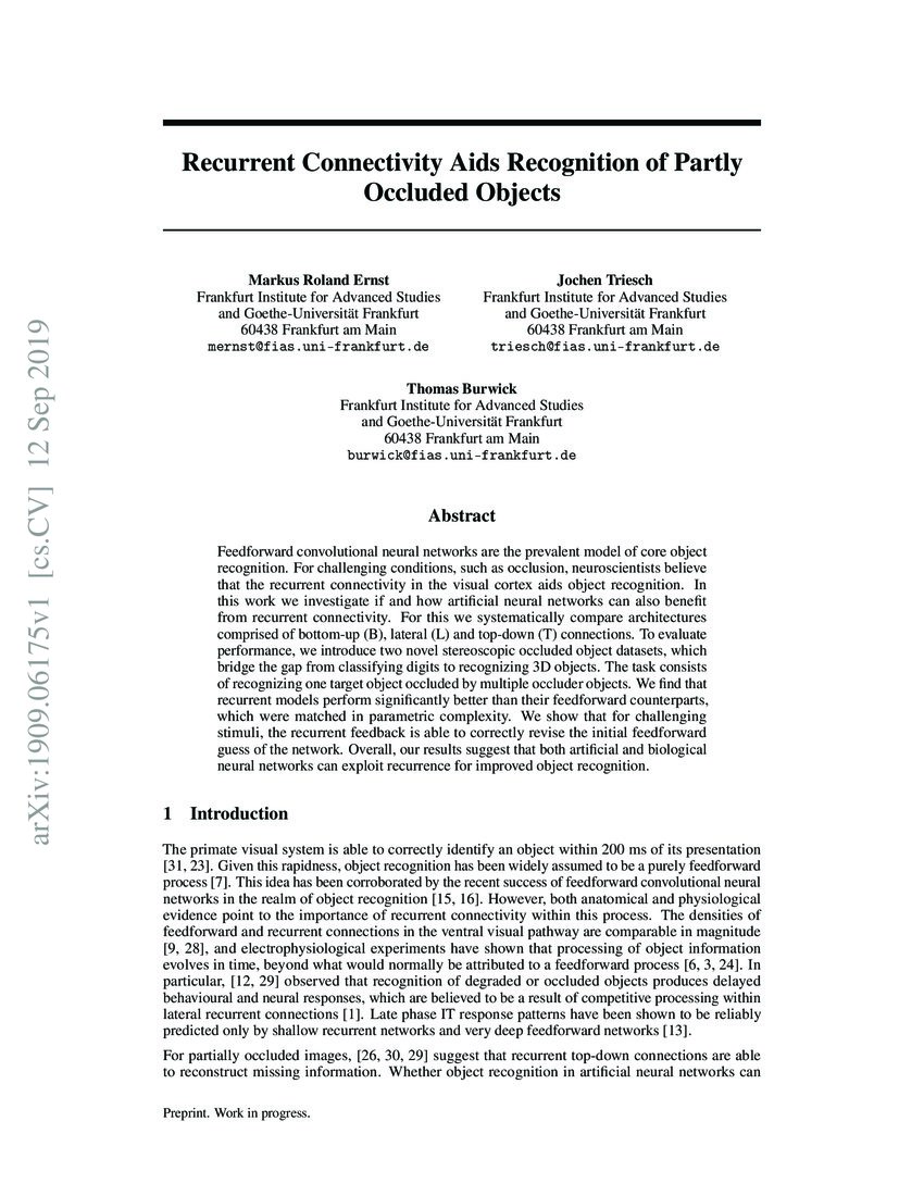 Recurrent Connectivity Aids Recognition Of Partly Occluded Objects Deepai