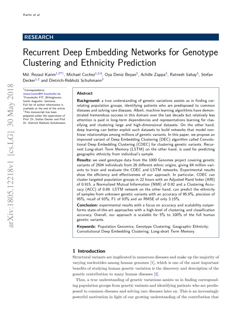 Recurrent Deep Embedding Networks for Genotype Clustering and Ethnicity Prediction | DeepAI