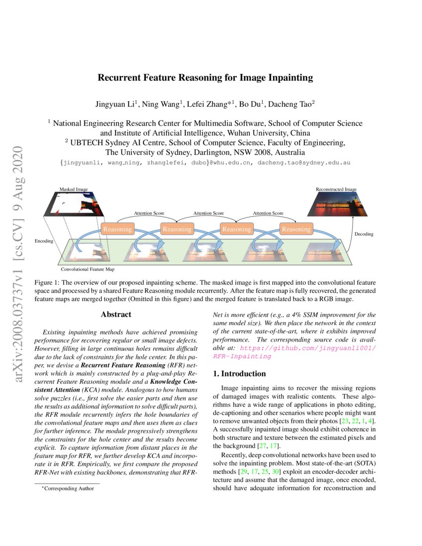 Recurrent Feature Reasoning for Image Inpainting | DeepAI