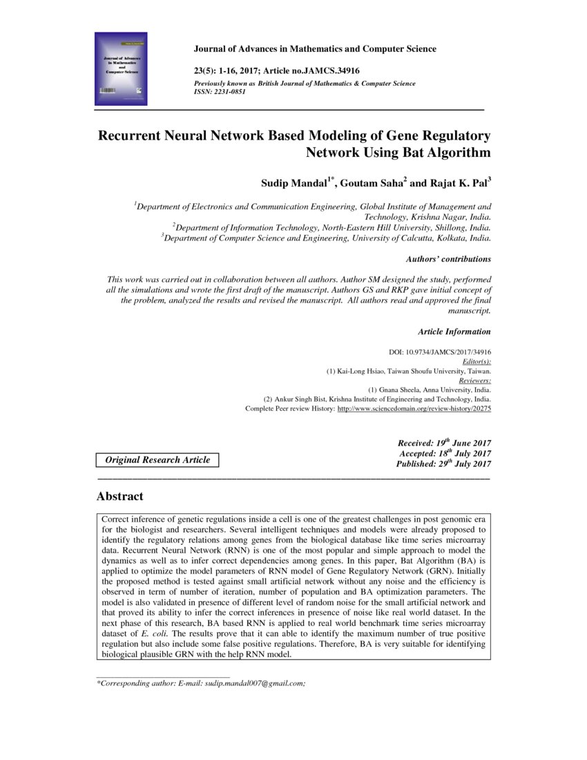 Recurrent Neural Network Based Modeling Of Gene Regulatory Network Using Bat Algorithm Deepai