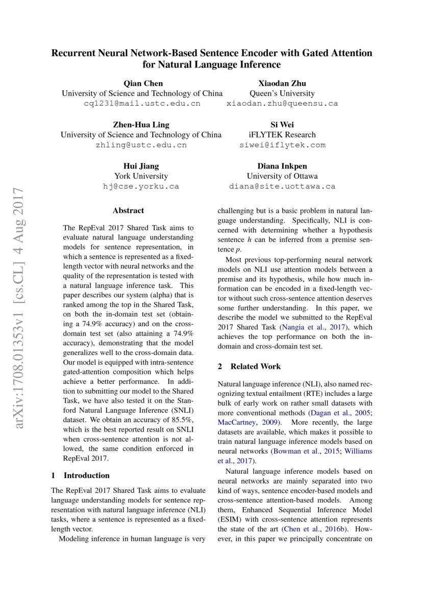 Recurrent Neural Network Based Sentence Encoder With Gated Attention For Natural Language