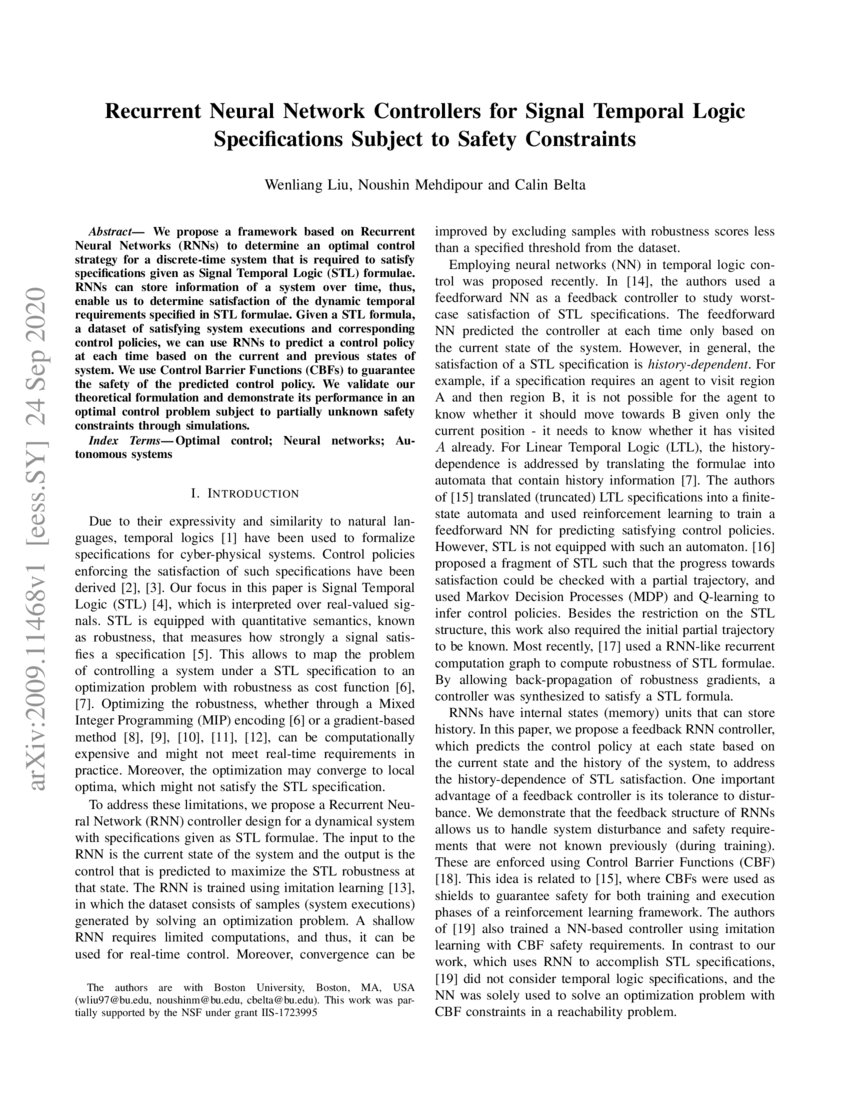 Recurrent Neural Network Controllers For Signal Temporal Logic Specifications Subject To Safety
