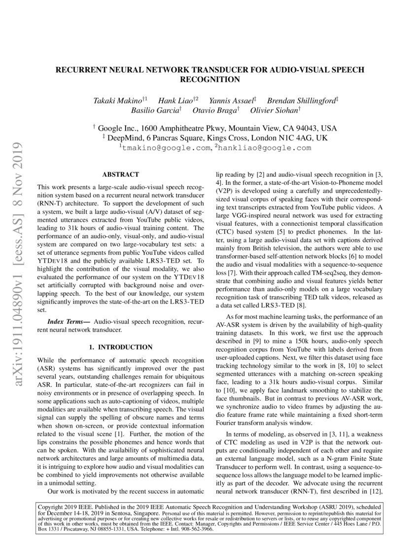 Recurrent Neural Network Transducer for Audio-Visual Speech Recognition ... Recurrent Neural Network Transducer for Audio-Visual Speech Recognition ...