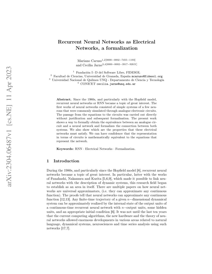 Recurrent Neural Networks As Electrical Networks A Formalization Deepai