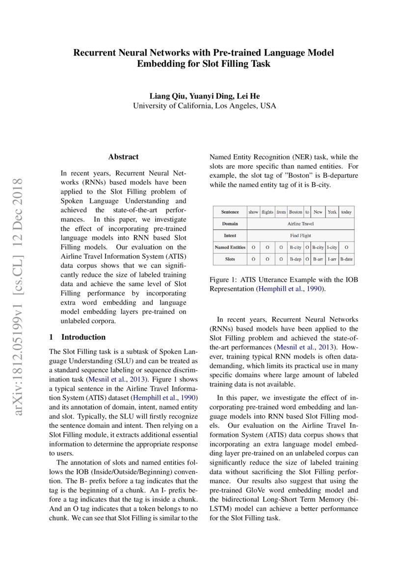 Recurrent Neural Networks with Pre-trained Language Model Embedding for Slot Filling Task | DeepAI