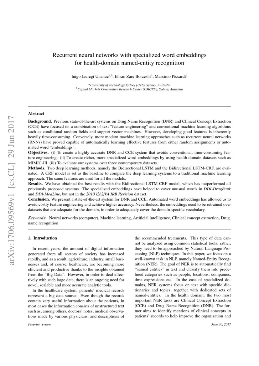 Recurrent neural networks with specialized word embeddings for health-domain named-entity ...