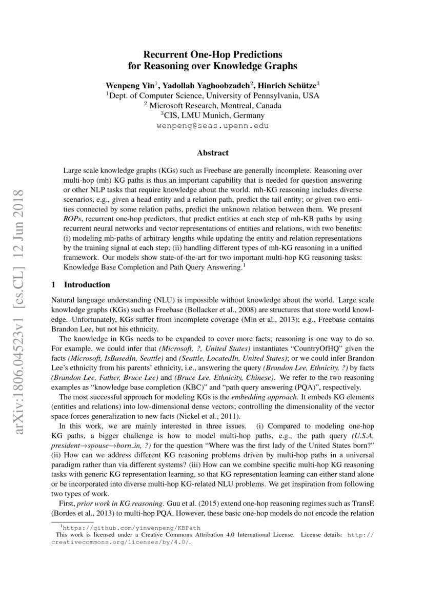 Recurrent One Hop Predictions For Reasoning Over Knowledge Graphs Deepai 