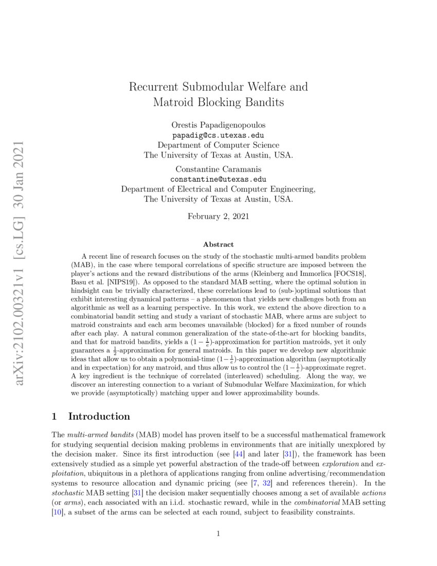 Recurrent Submodular Welfare and Matroid Blocking Bandits | DeepAI Recurrent Submodular Welfare and Matroid Blocking Bandits | DeepAI