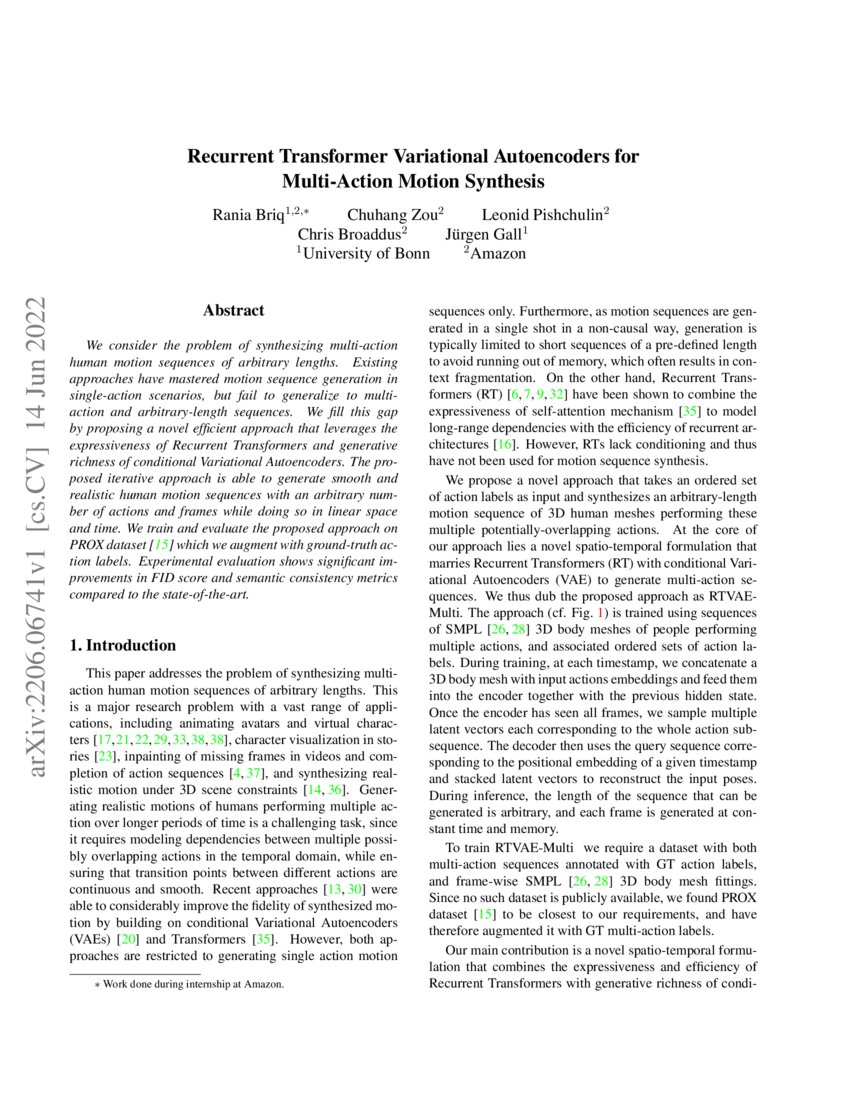 Recurrent Transformer Variational Autoencoders For Multi Action Motion Synthesis Deepai