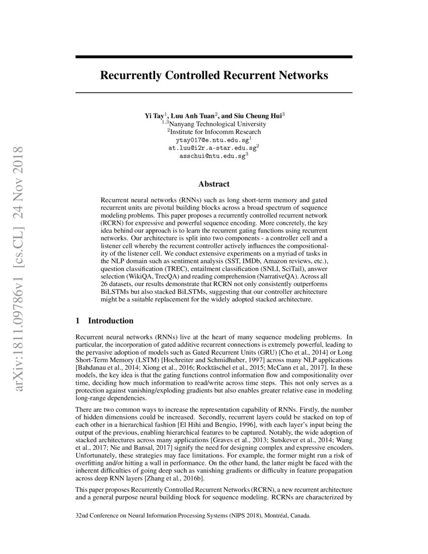 Recurrently Controlled Recurrent Networks Deepai