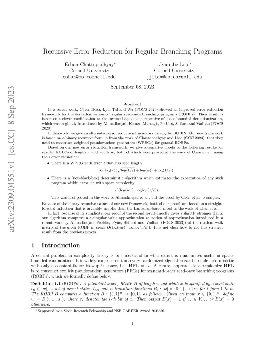 Recursive Error Reduction For Regular Branching Programs Deepai