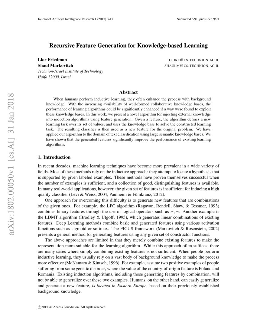Recursive Feature Generation for Knowledge-based Learning | DeepAI Recursive Feature Generation for Knowledge-based Learning | DeepAI