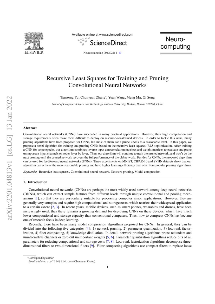Recursive Least Squares For Training And Pruning Convolutional Neural Networks Deepai